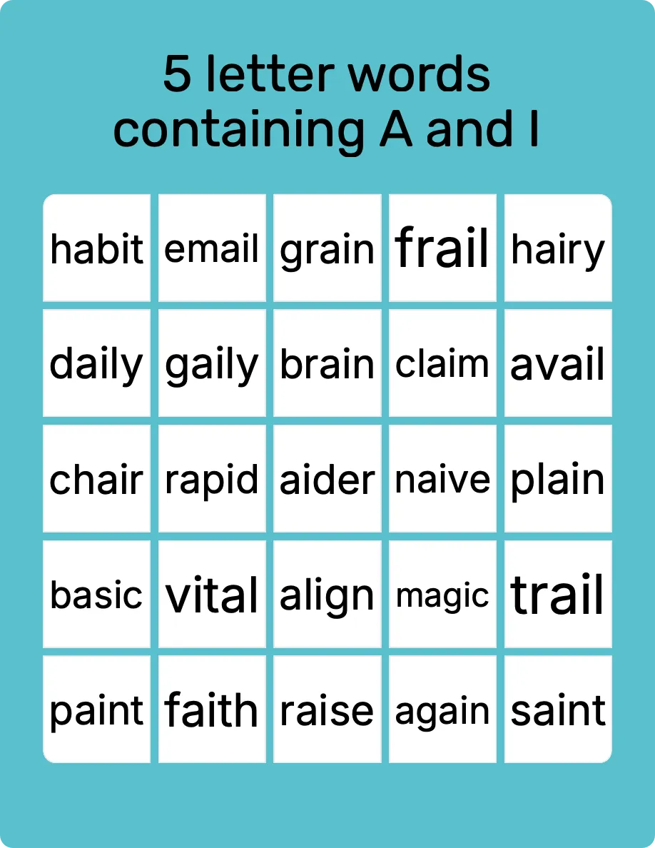 5 Letter Words Containing A And I Bingo Card Creator