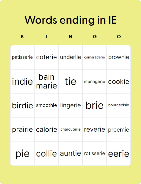 Words Ending In IE Bingo Card Creator Words Ending In IE Bingo Card Creator