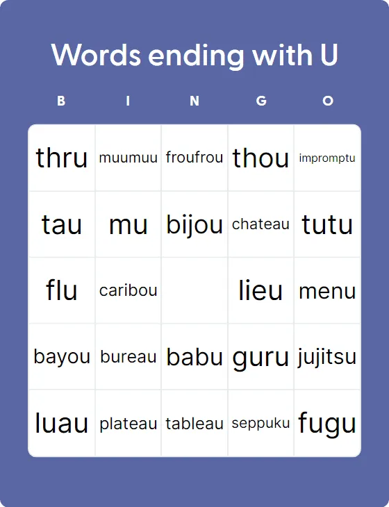 Words Ending With U Bingo Card Creator Words Ending With U Bingo Card Creator