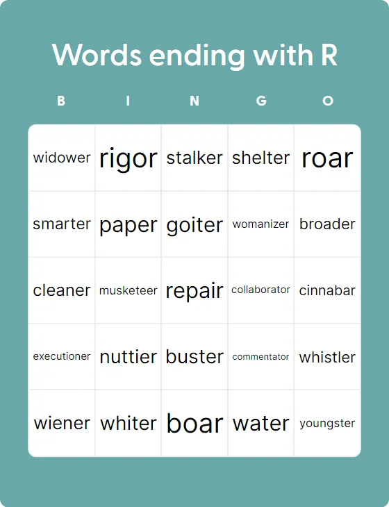 Words Ending With R Bingo Card Creator Words Ending With R Bingo Card Creator