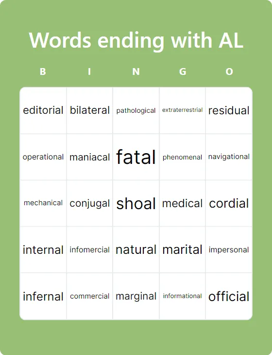 Words Ending With AL Bingo Card Creator Words Ending With AL Bingo Card Creator